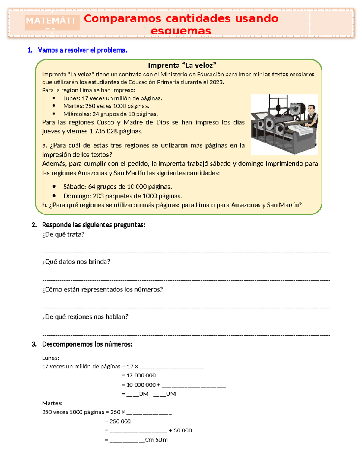 D2 A1 Ficha MAT. Comparamos cantidades usando esquemas - 1. Vamos a resolver el problema ...