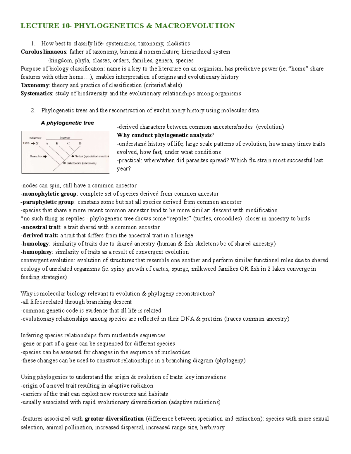 BIO120 Lecture 10 - LECTURE 10- PHYLOGENETICS & MACROEVOLUTION How best to classify life- - Studocu