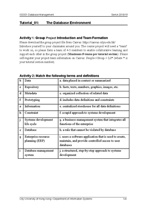 IS3331 Database Management - Le Wang- le@cityu.edu Two Individual assignments-10% (Week 3, Week ...
