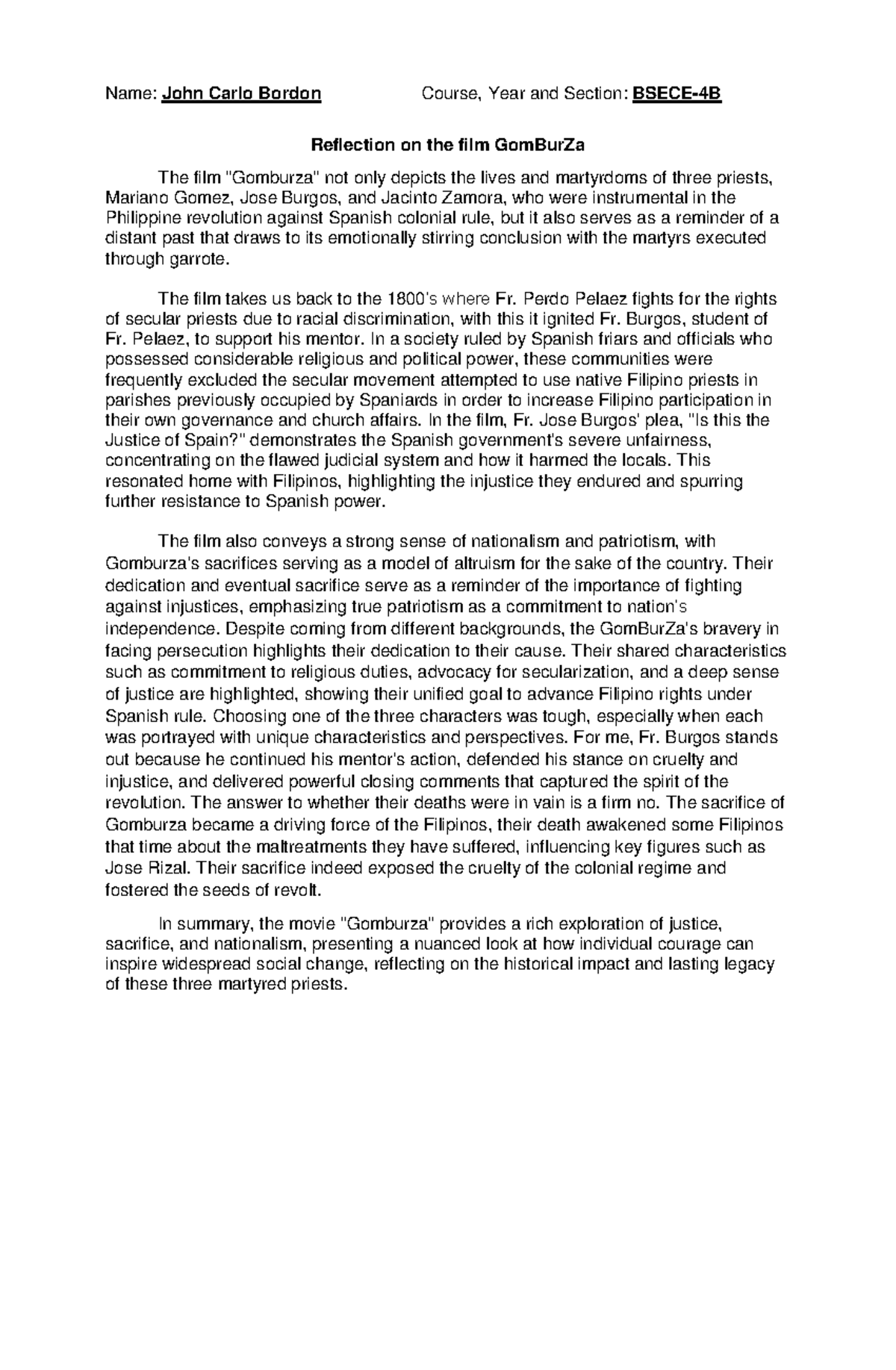 Gom Bur Za-Reflection - Name: John Carlo Bordon Course, Year and Section: BSECE-4B Reflection on ...