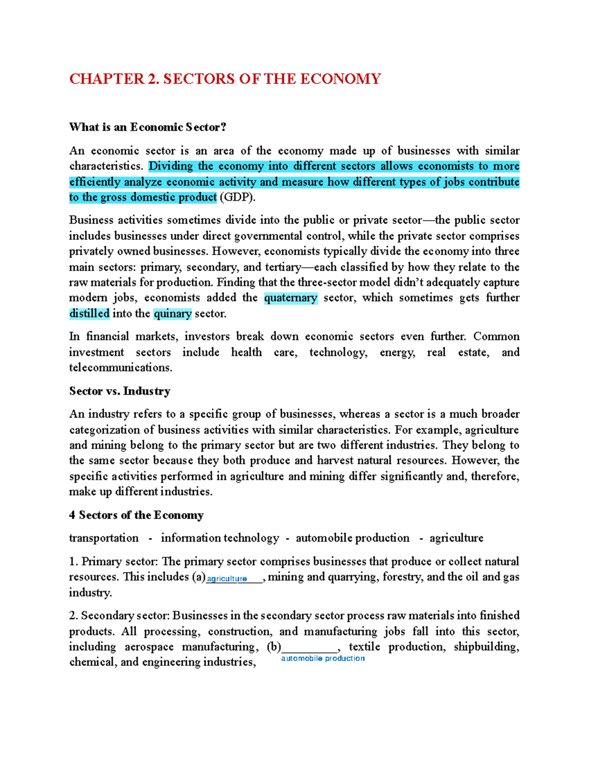 Chapter 2. Lesson 1 - ML240 - CHAPTER 2. SECTORS OF THE ECONOMY What is ...