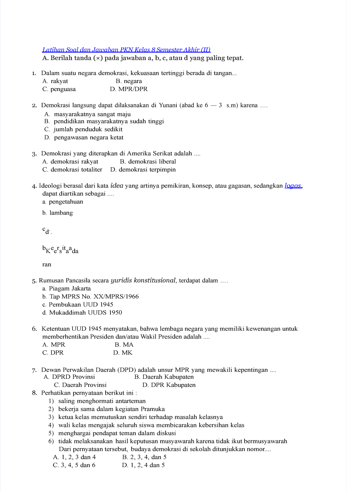 Pdf latihan soal pkn kelas 8 - Latihan Soal dan Jawaban PKN Kelas 8 Semester Akhir (II) A ...