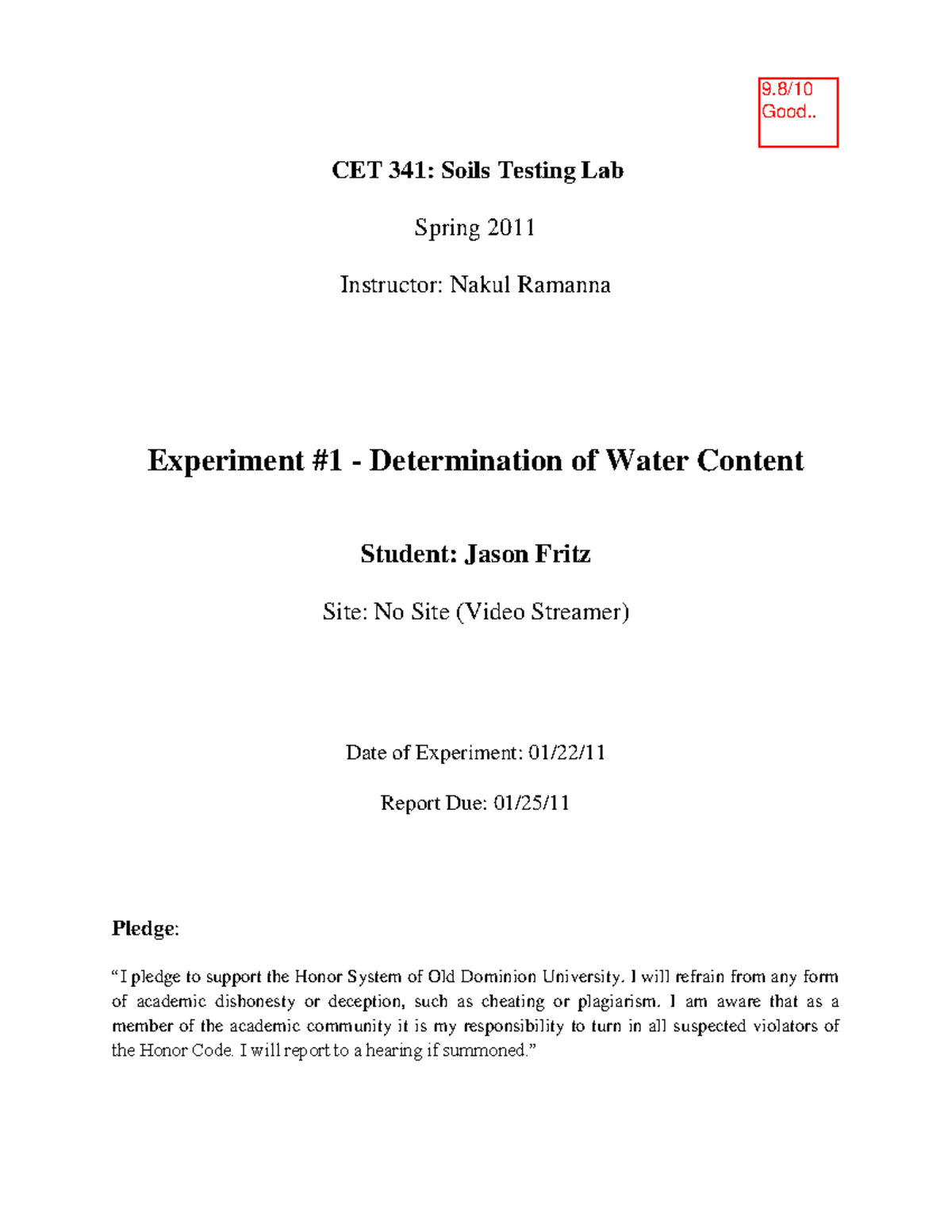 Lab 01 - sample report - worksheet for practicing - CET 341: Soils ...
