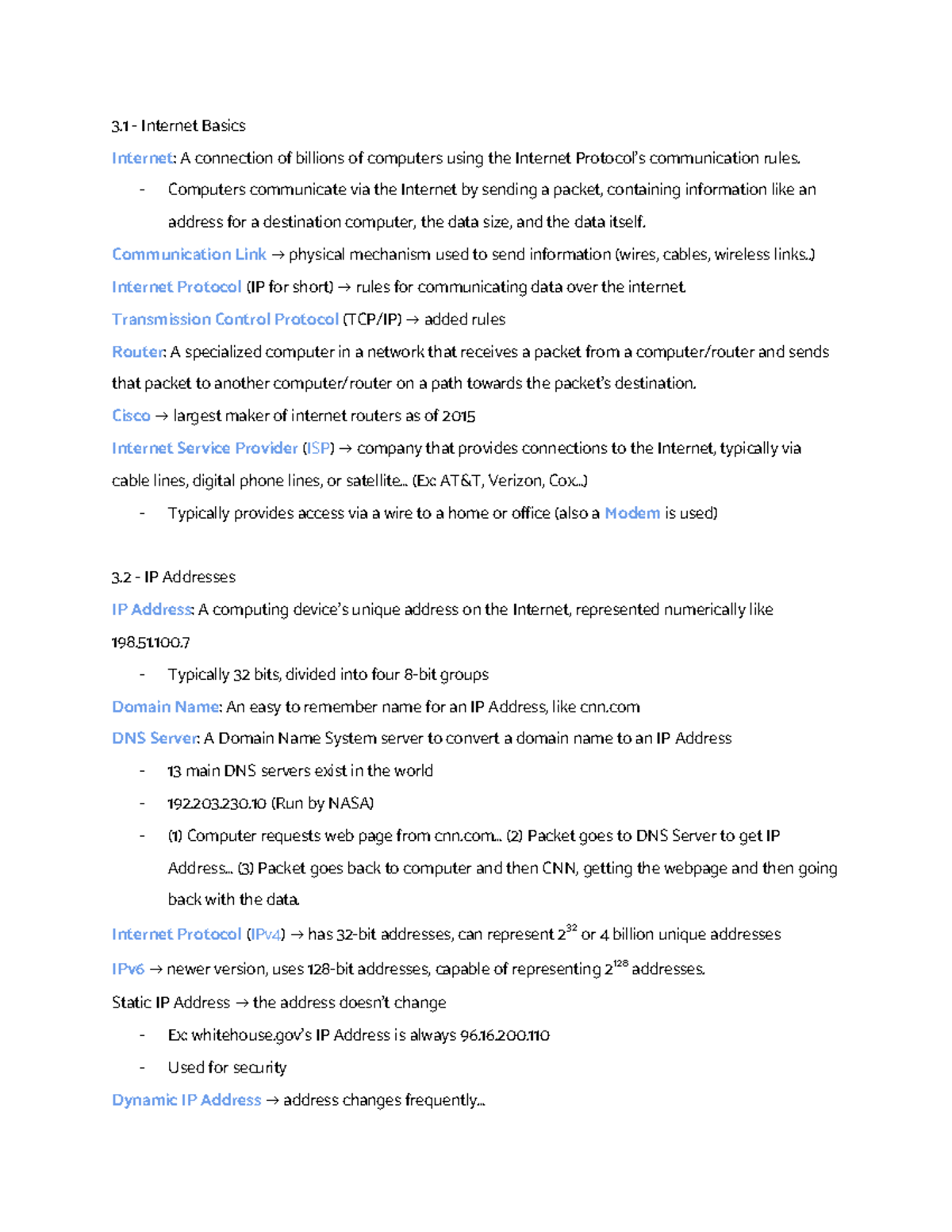 Chapter 3 Notes - 3 - Internet Basics Internet : A connection of ...