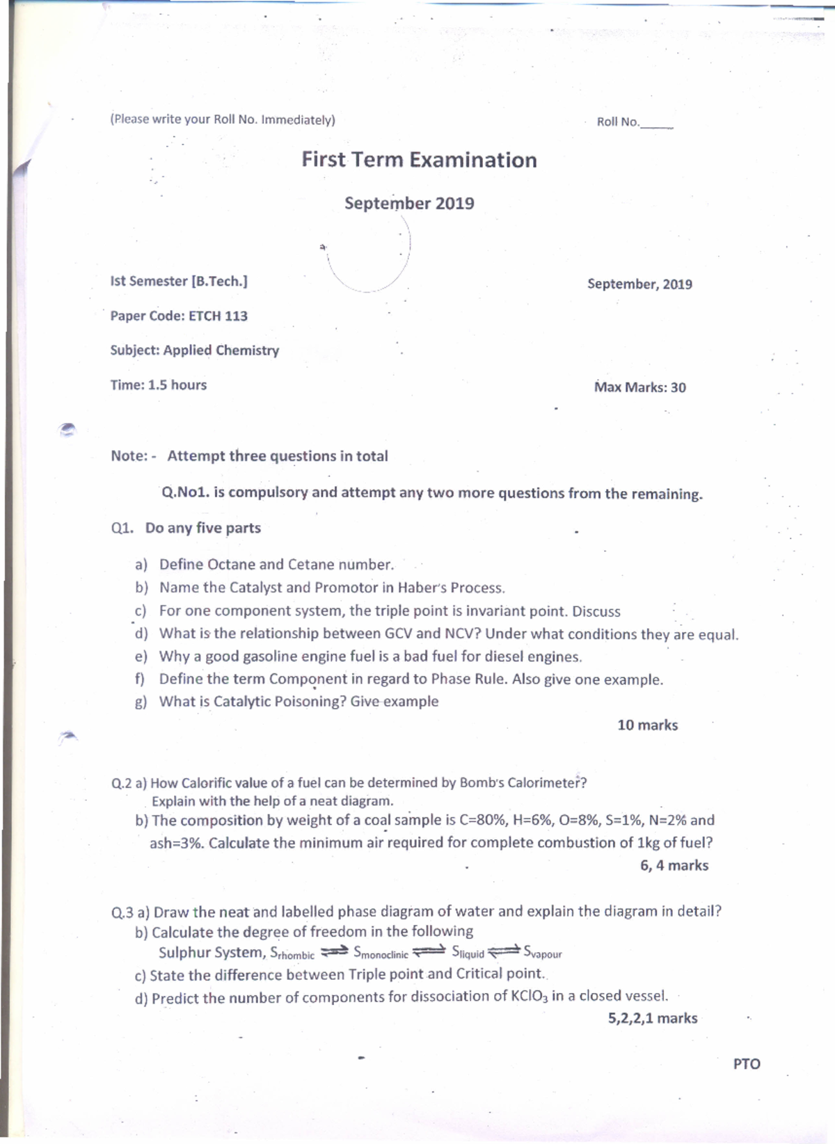 1ST SEM 2019 Internal previous year mid sem papers - (Pleasewrite your Roll No. Immediately ...