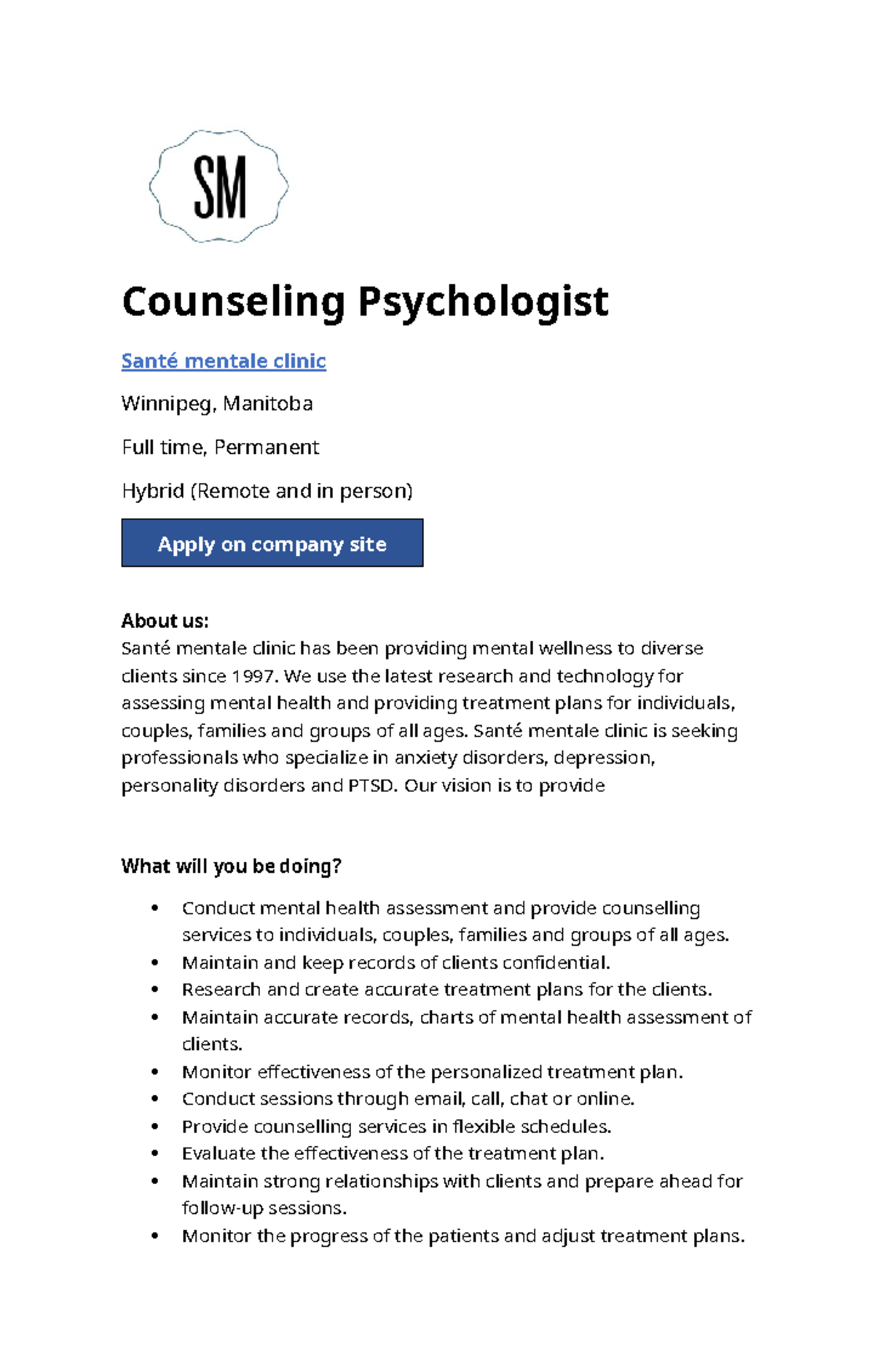 JOB ad posting - Human Resources - Counseling Psychologist Santé ...
