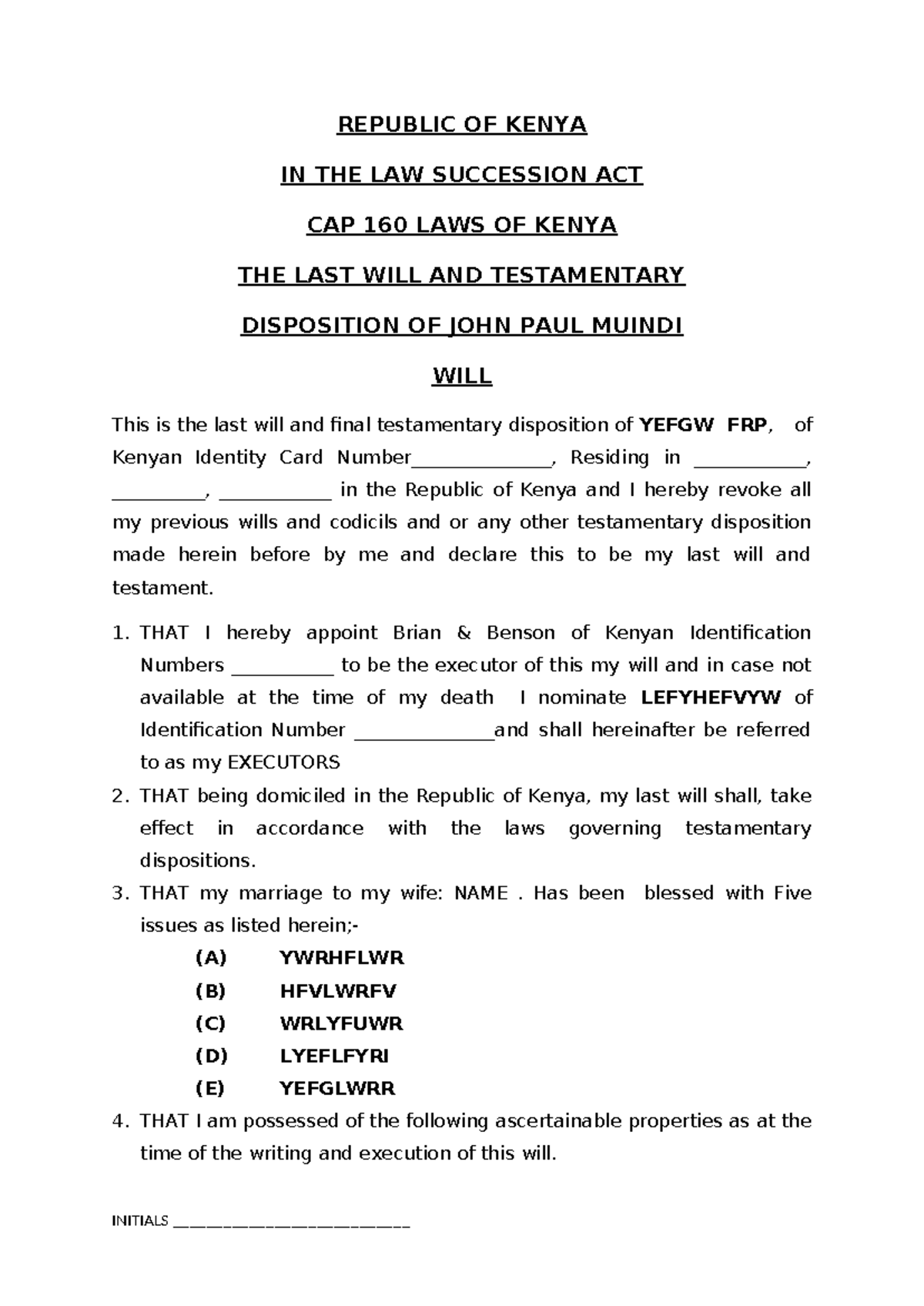 Sample WILL - REPUBLIC OF KENYA IN THE LAW SUCCESSION ACT CAP 160 LAWS ...