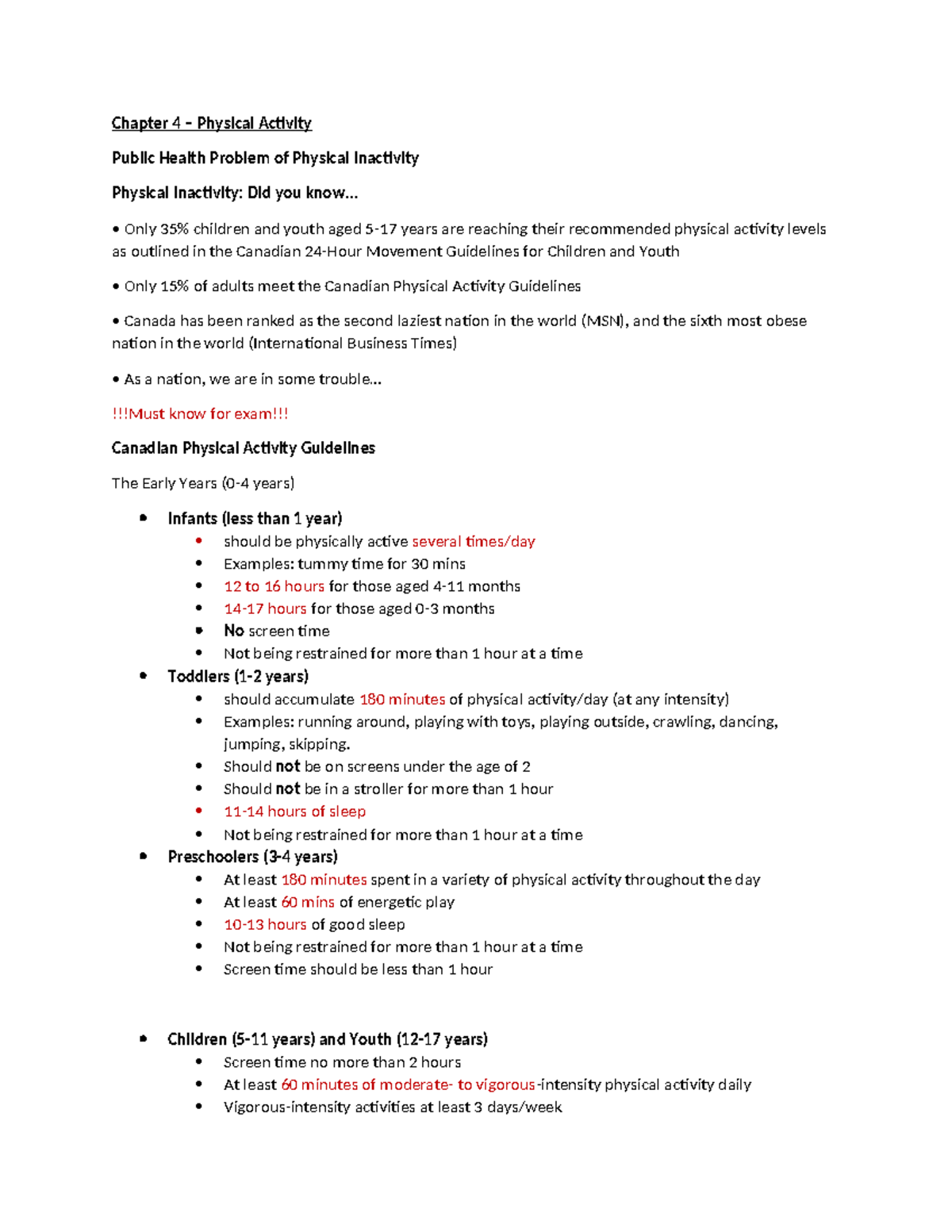 KIN - Chapter 4 - notes - Chapter 4 – Physical Activity Public Health ...
