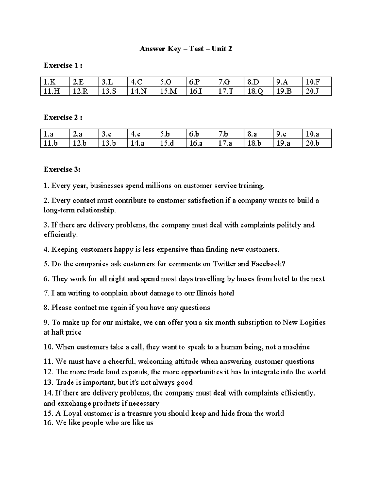 2. key - 123 - Answer Key – Test – Unit 2 Exercise 1 : 1 2 3 4 5 6 7 8 ...