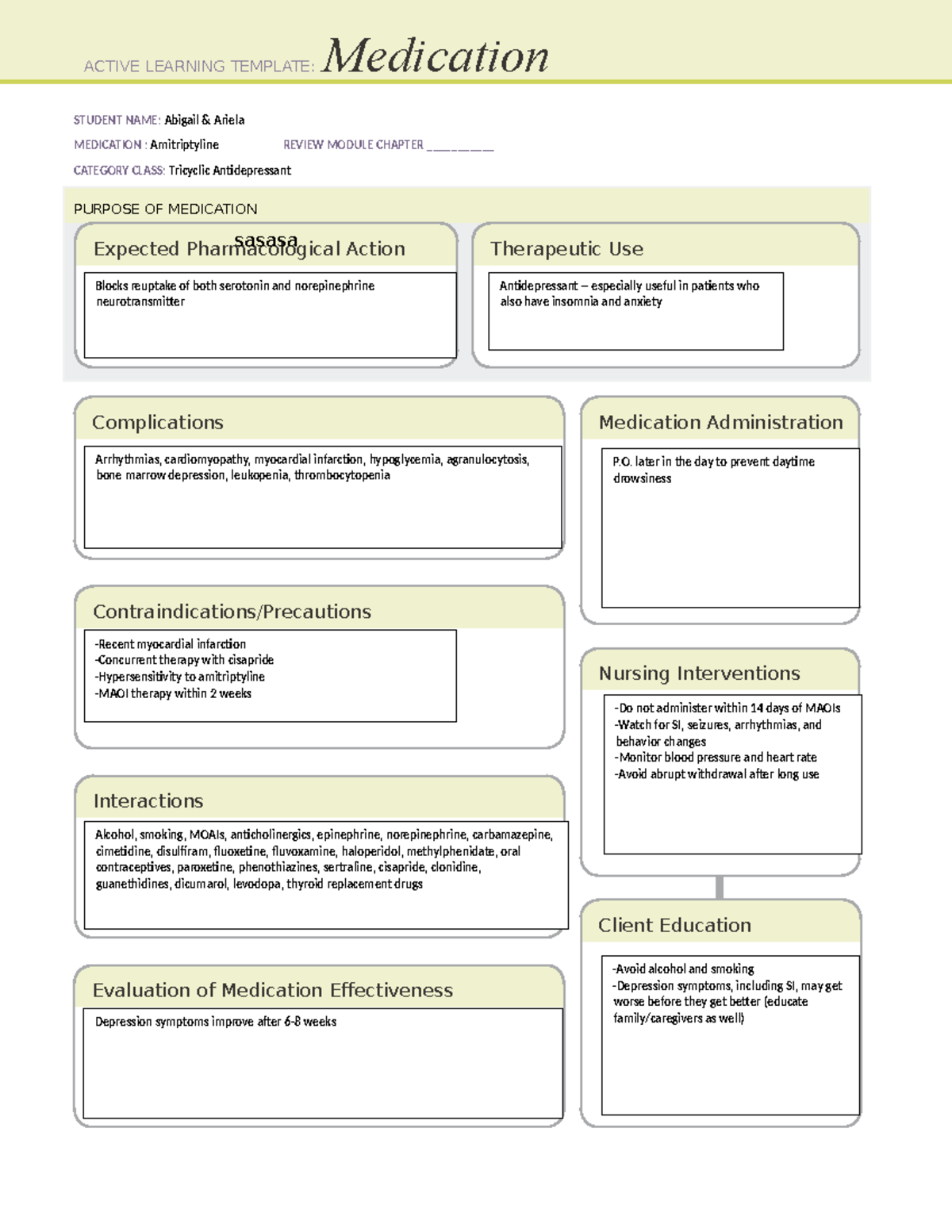 Amitriptyline Med Card - STUDENT NAME: Abigail & Ariela MEDICATION ...