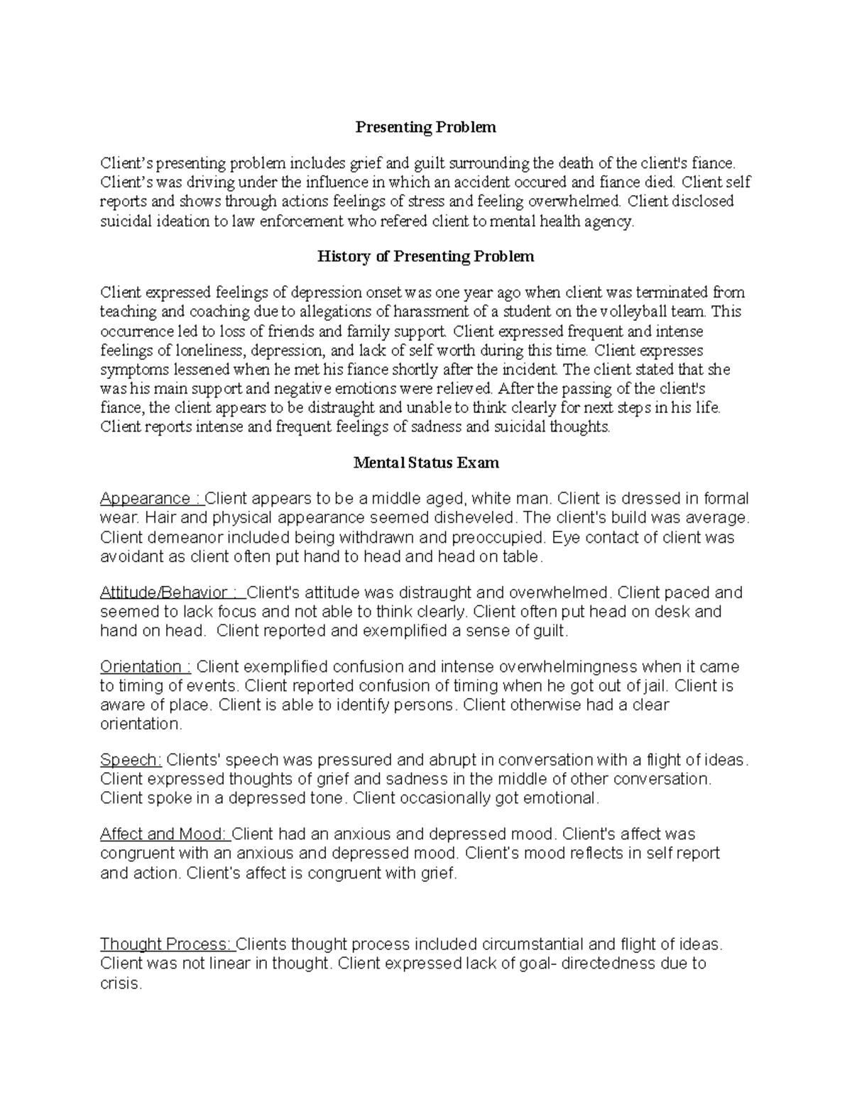 Assessment and diagnosis paper - Presenting Problem Client’s presenting ...