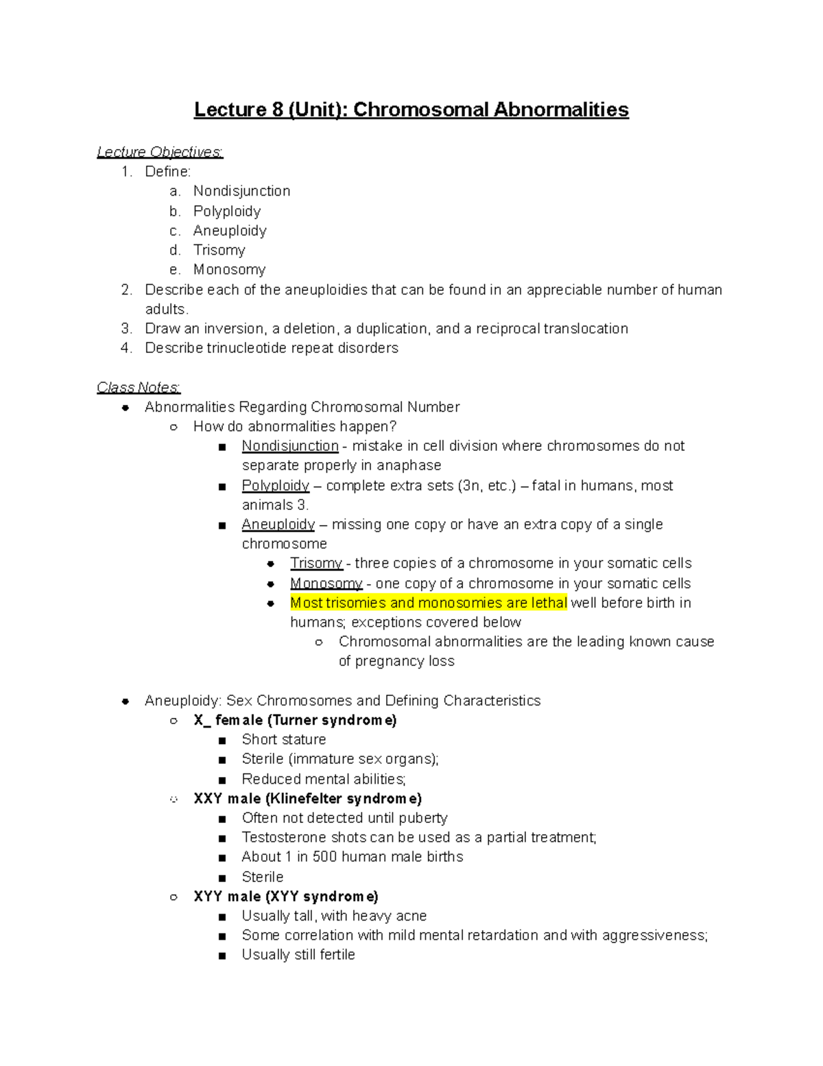 Chromosomal problems lecture - Lecture 8 (Unit): Chromosomal ...