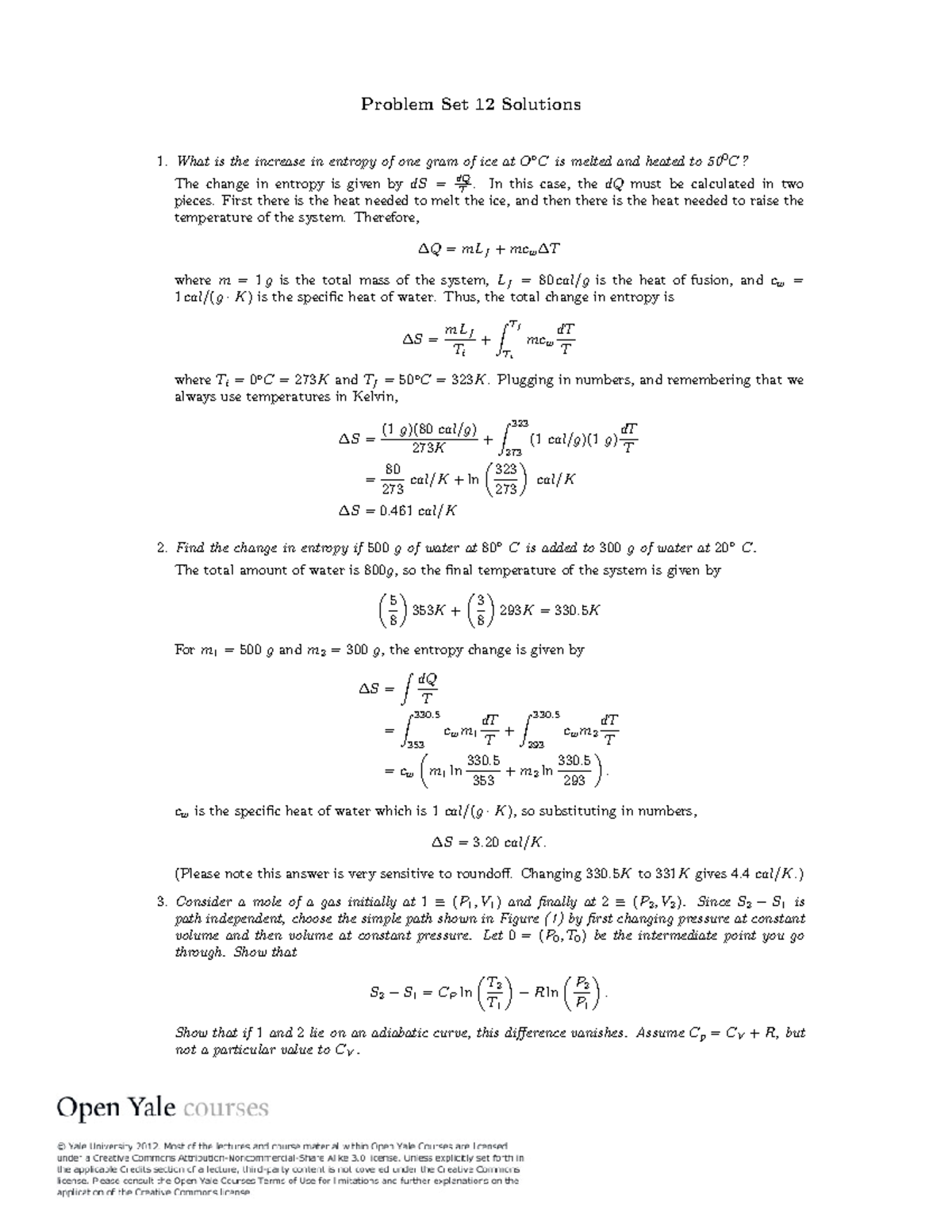 Entropy Worked Examples - Problem Set 12 Solutions What is the increase ...