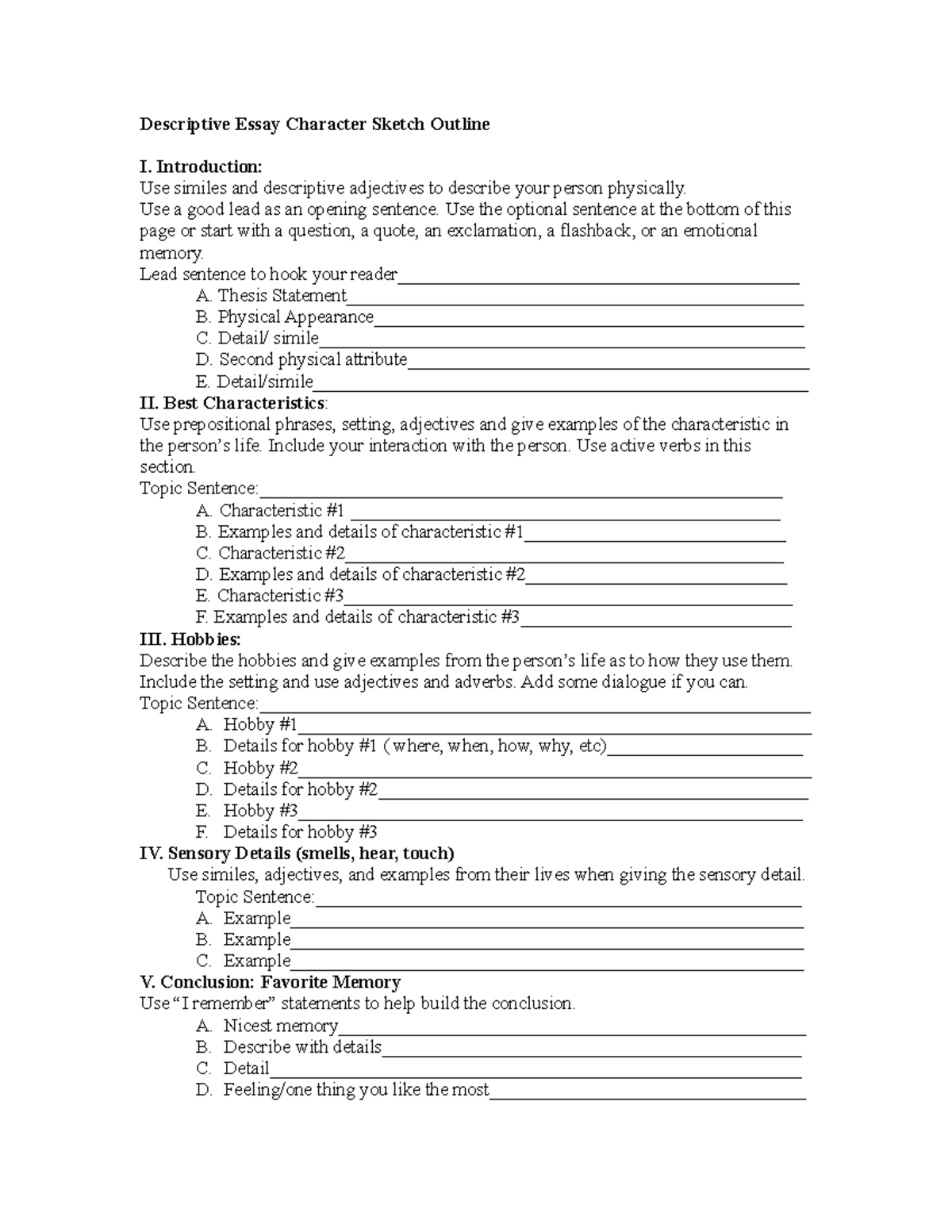 Descriptive Essay Outline - Descriptive Essay Character Sketch Outline ...