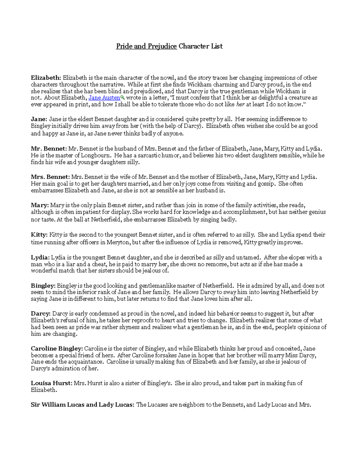 Pride and Prejudice Character List - Pride and Prejudice Character List ...