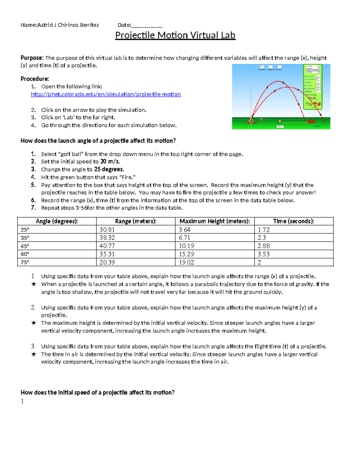 Astrid Chirinos Benitez - Projectile Motion Virtual Lab - Name:Astrid J Chirinos Benitez - Studocu