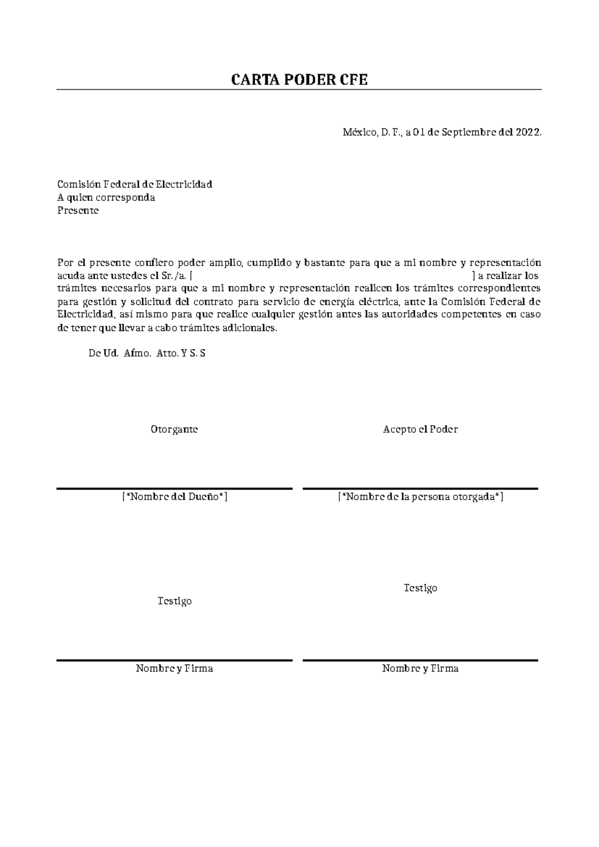 Carta Poder CFE Word appcfecontigo - CARTA PODER CFE México, D. F., a ...