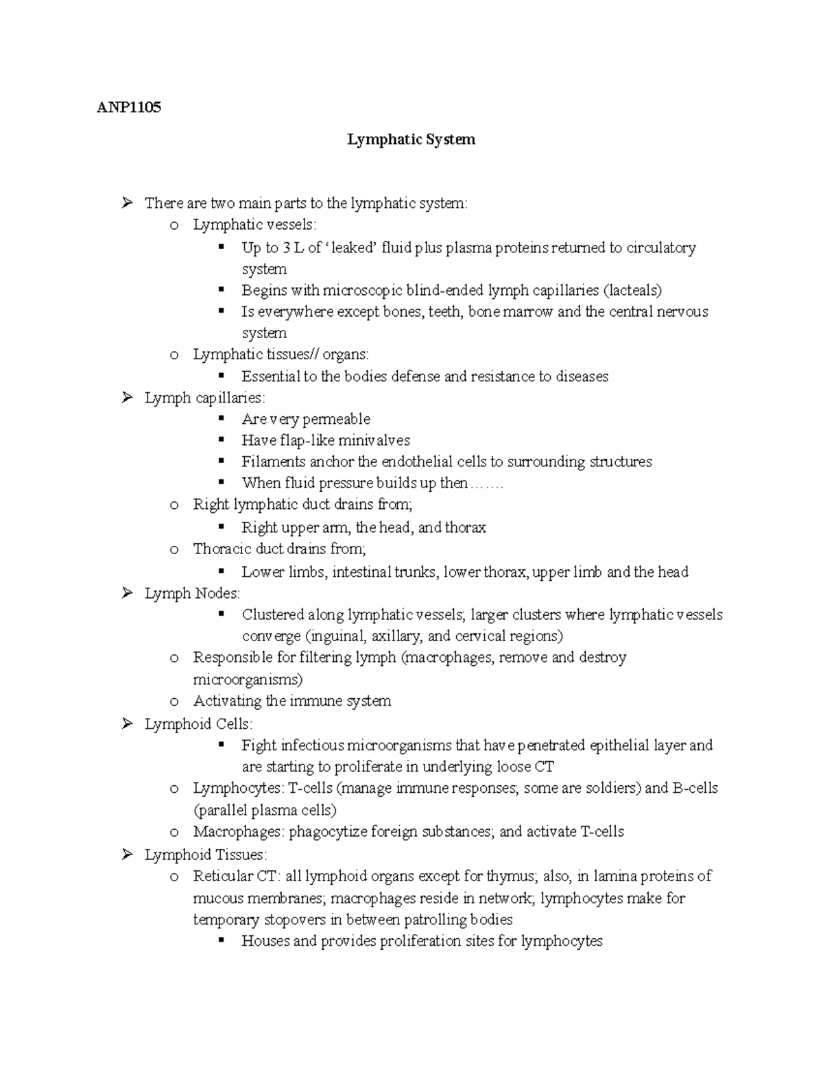 Lymphatic System notes summarized - ANP Lymphatic System There are two ...