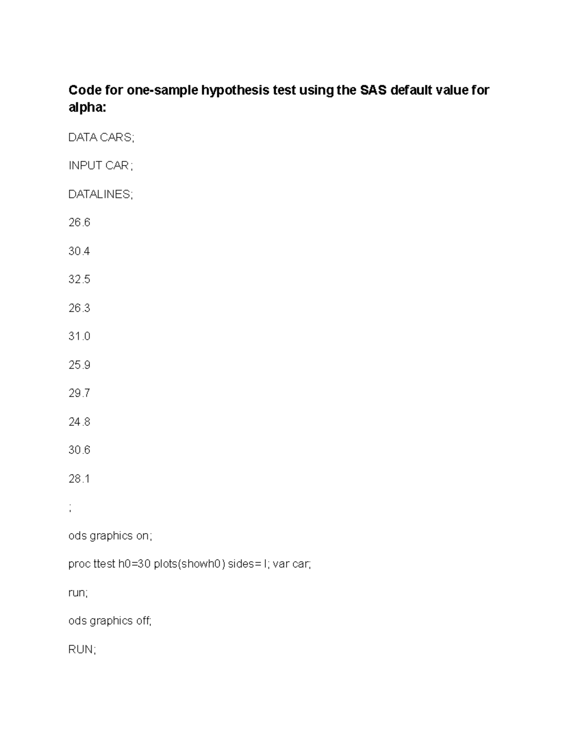 Assignment 6 part 1 - Code for one-sample hypothesis test using the SAS ...