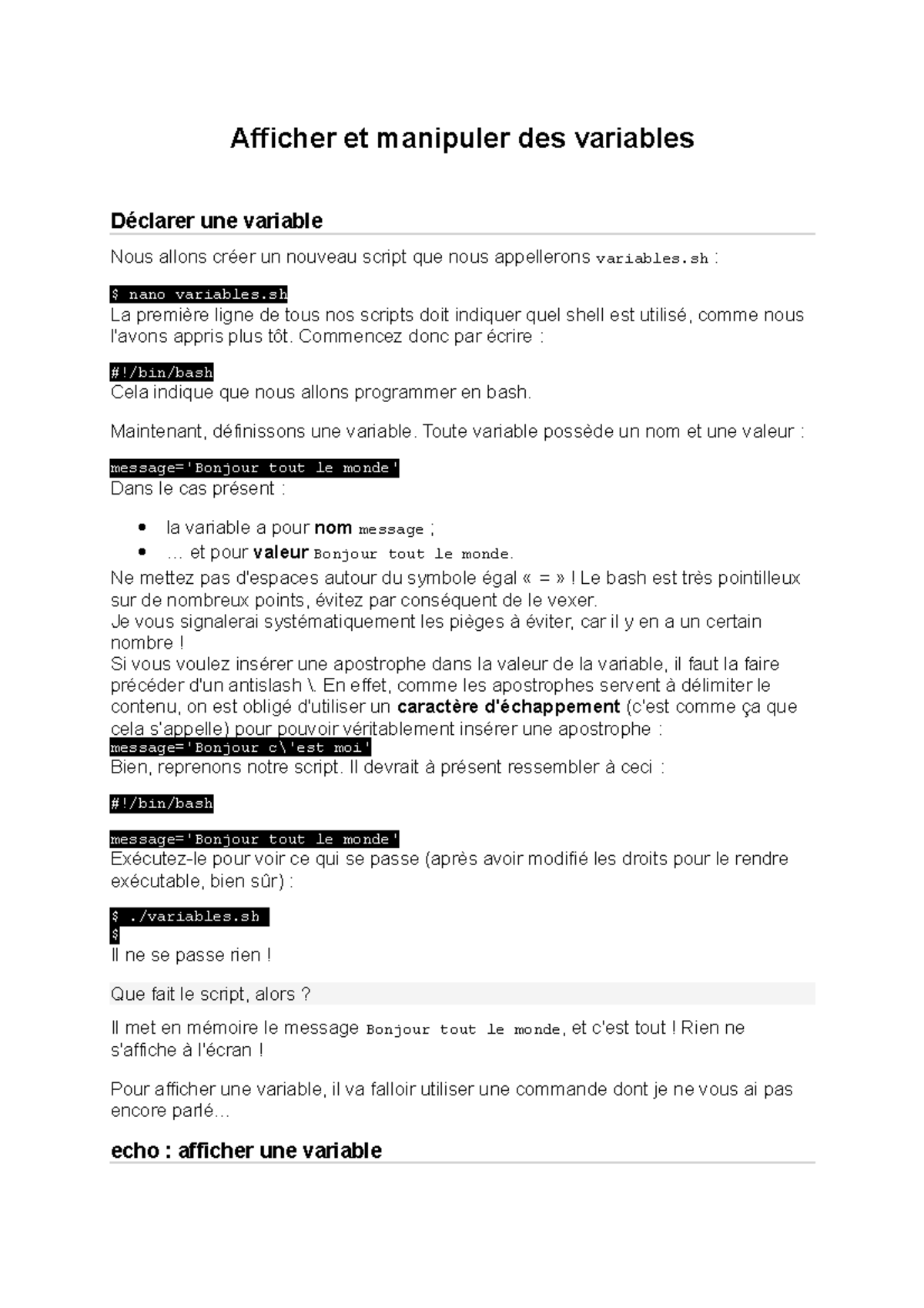 Les Variables - Afficher et manipuler des variables Déclarer une ...