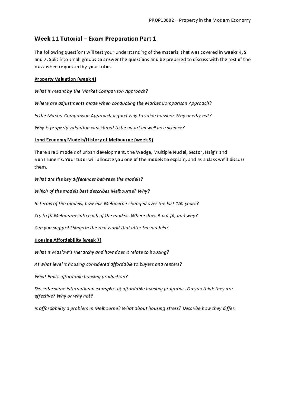PROP Week 11 exam revision - PROP10002 – Property in the Modern Economy ...