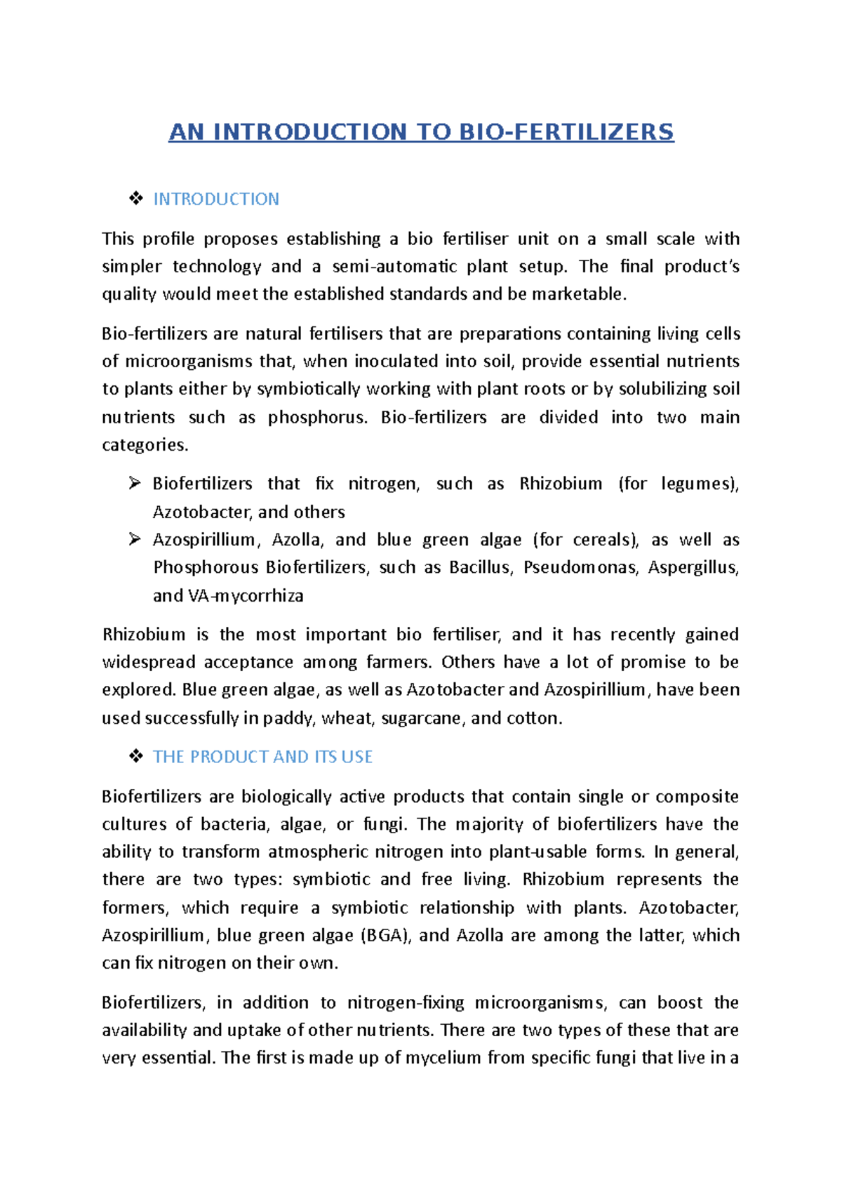 An introduction to bio-fertilizers - AN INTRODUCTION TO BIO-FERTILIZERS ...
