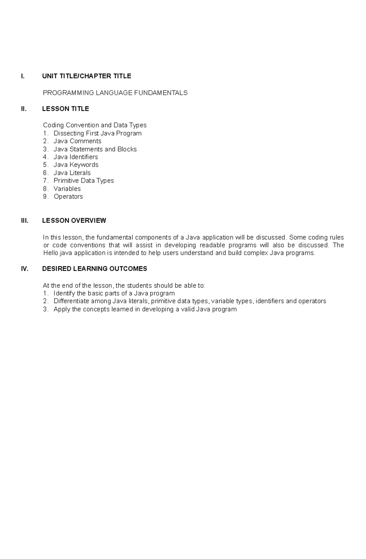 Coding Convention And Data Types I Unit Titlechapter Title Programming Language Fundamentals