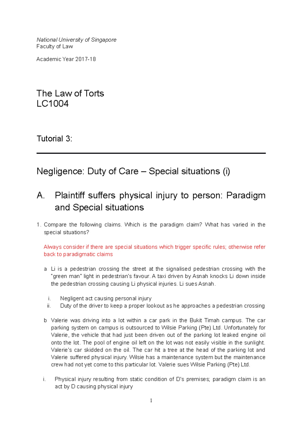 Tutorial 3 Duty of Care - Special situations (i) - National University ...