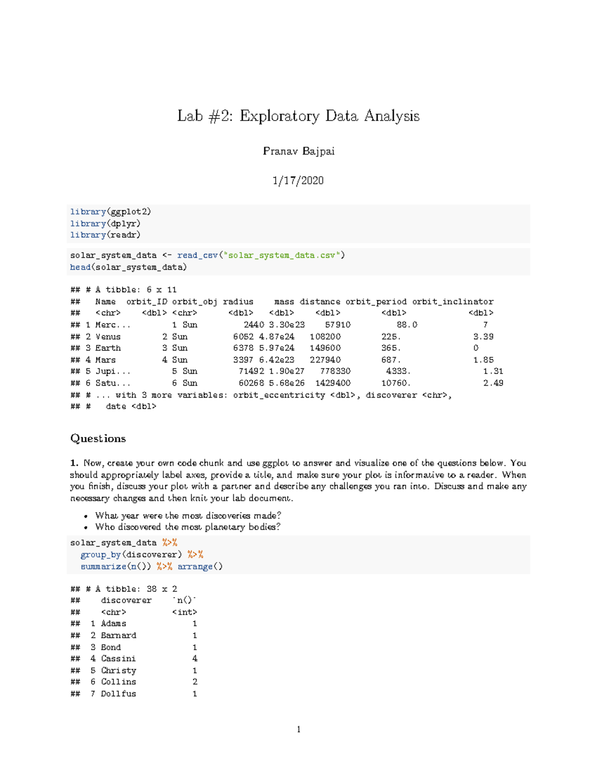 Lab2 Probability - Lab #2: Exploratory Data Analysis Pranav Bajpai 1/17/ library (ggplot2 ...