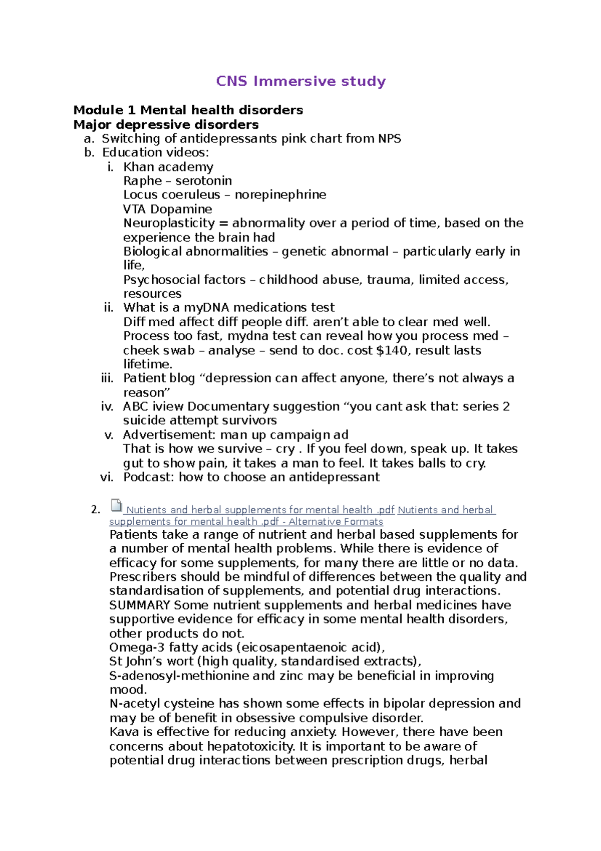 CNS Immersive study - CNS notes summarised - CNS Immersive study Module ...