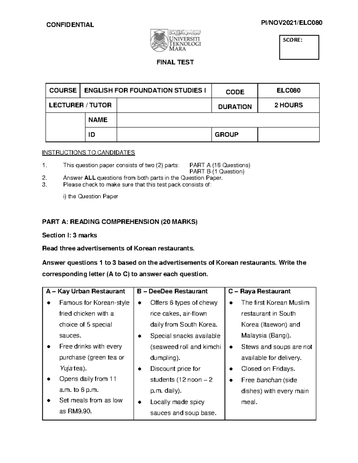 ELC080 Final TEST AUG - DEC 2021 ( Question Paper) - CONFIDENTIAL FINAL ...