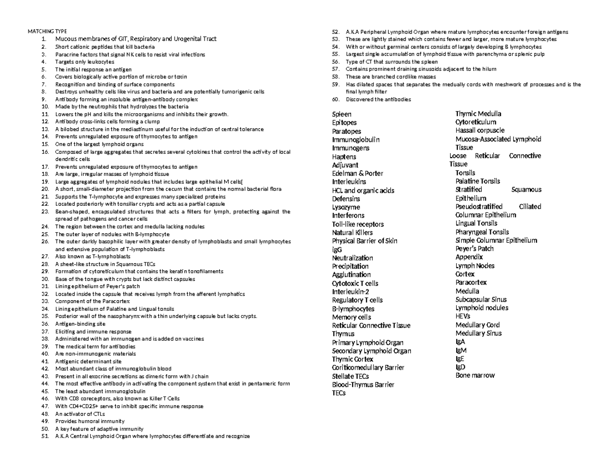 Lymph m type - Summary Biochemistry - MATCHING TYPE 1. Mucous membranes of GIT, Respiratory and ...