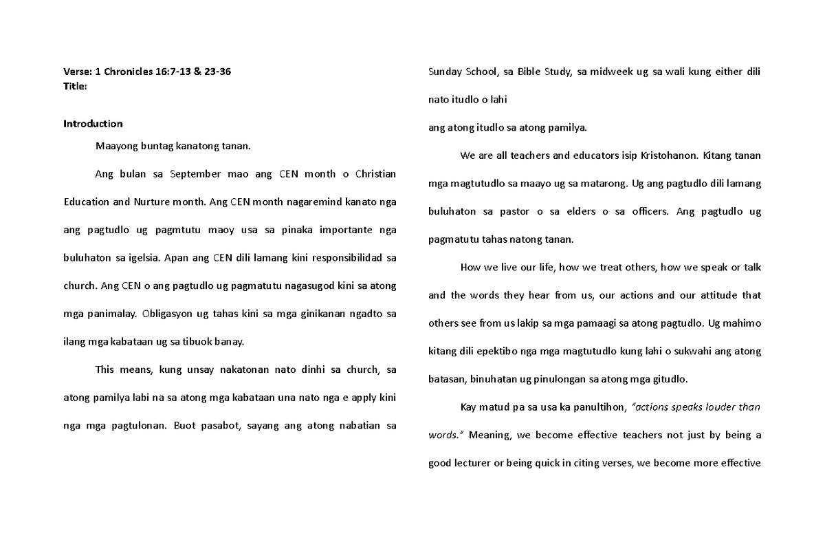 Sermon Sept. 3 - Verse: 1 Chronicles 16:7-13 & 23- Title: Introduction Maayong buntag kanatong ...