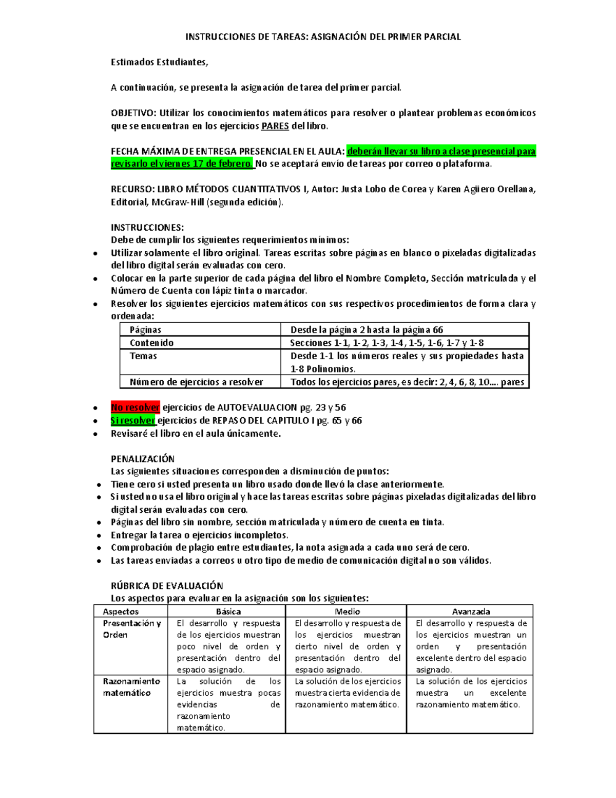 Tareas Asignaciones DEL Primer Parcial - INSTRUCCIONES DE TAREAS ...