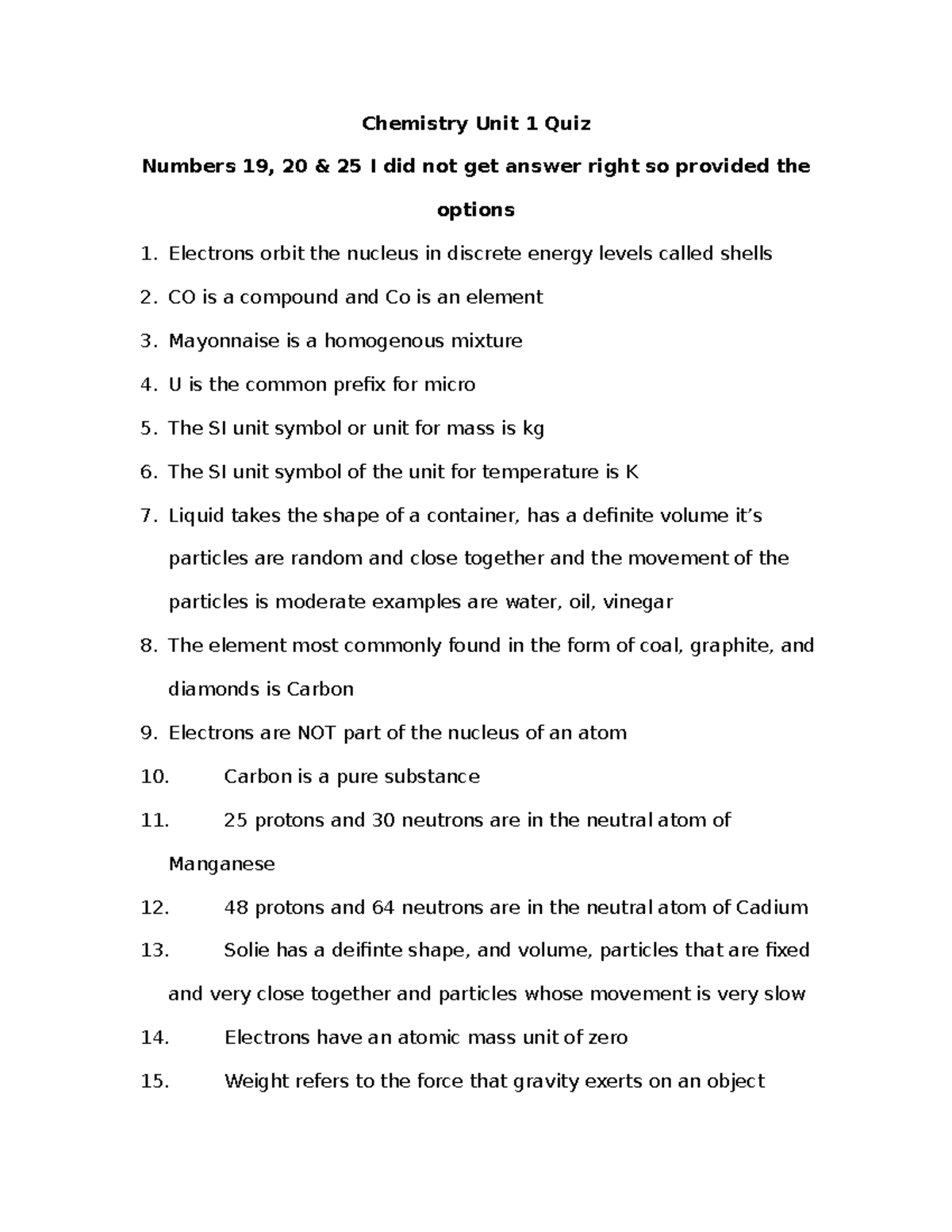 Chemistry Unit 1 Quiz - Study guide for quiz 1 - Chemistry Unit 1 Quiz ...