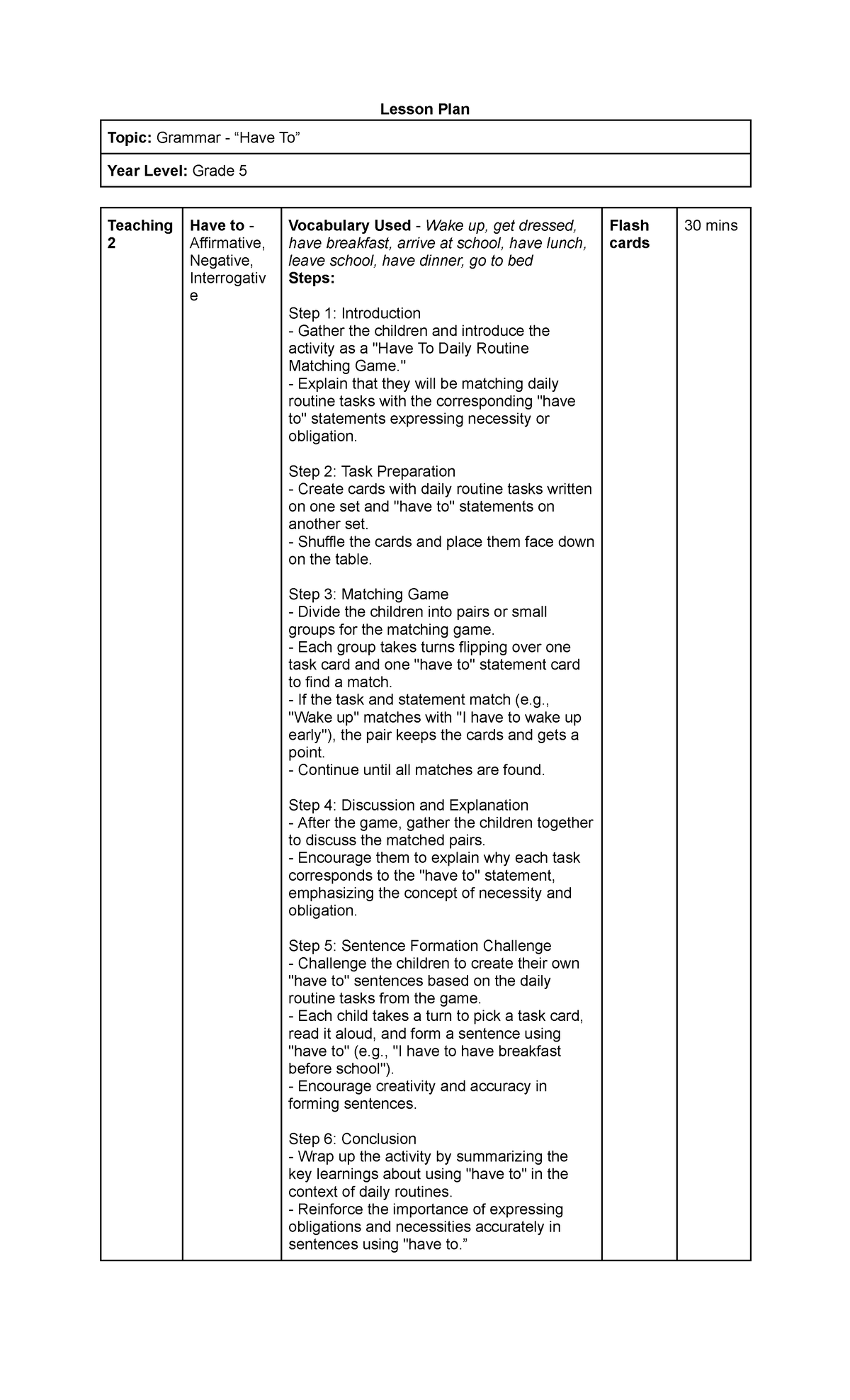 Teaching 2 (Sample Lesson Plan) - Lesson Plan Topic: Grammar - “Have To ...