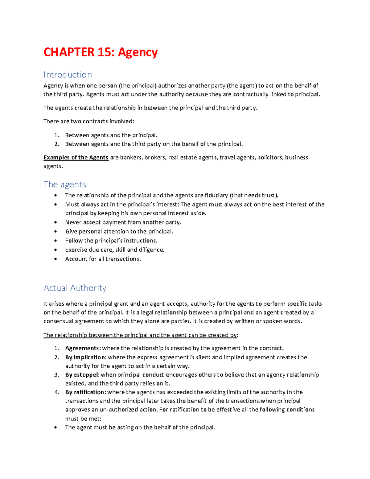 Agency - Lecture notes 2-3 - CHAPTER 15: Agency Introduction Agency is ...