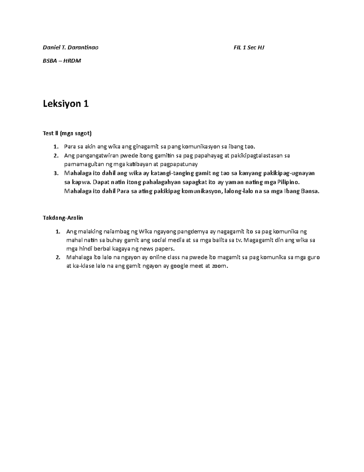 Leksiyon 1 - And I would like topoint out, based on Father Colin’s ...