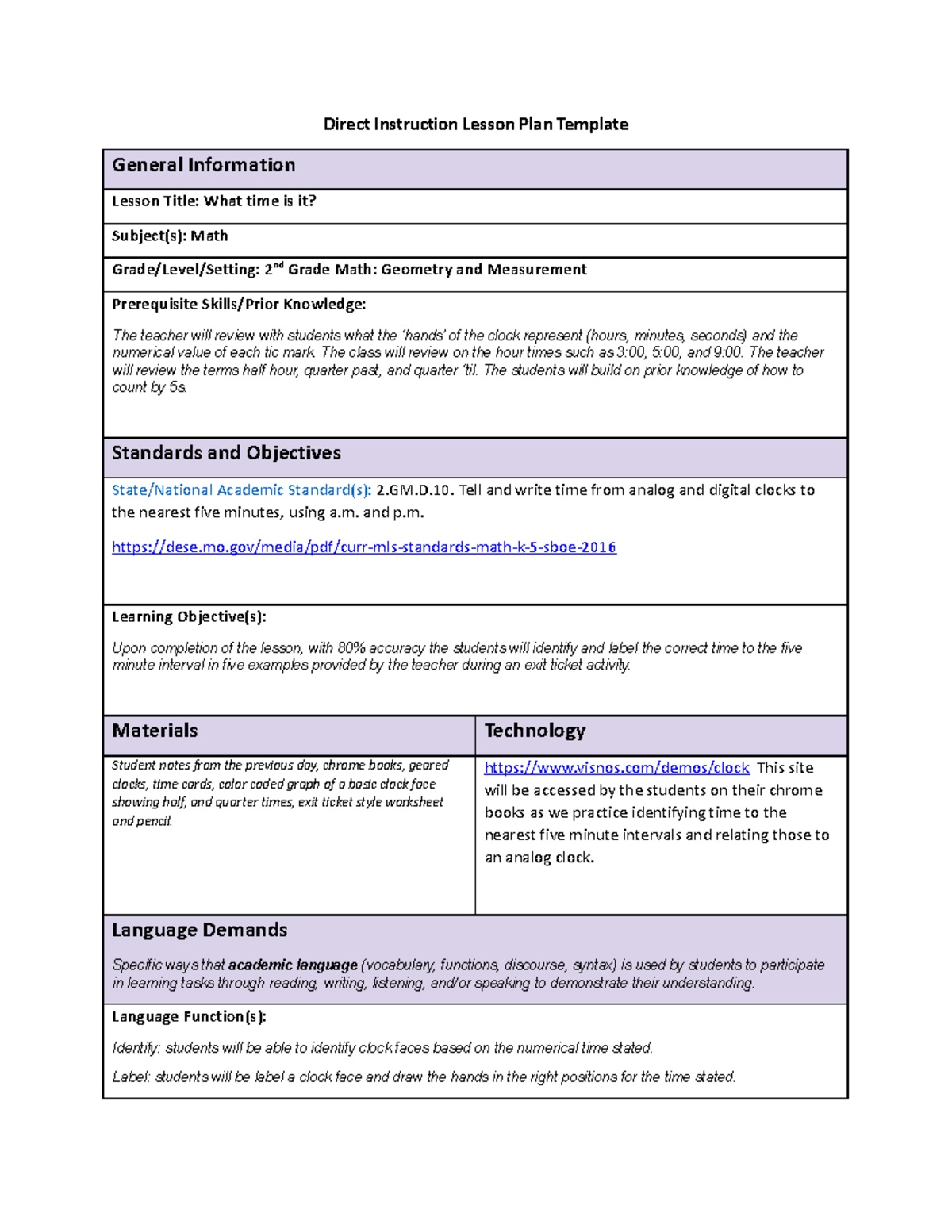C109-Math Lesson Plan-What time is it - Direct Instruction Lesson Plan ...