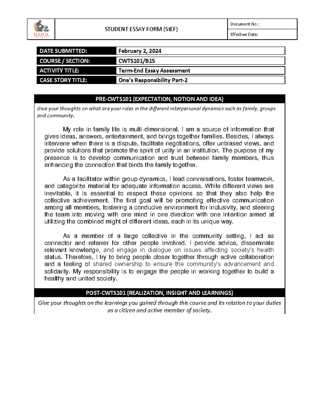 Cwts101-b15-dtee-pt2-miano ma - STUDENT ESSAY FORM (StEF) Document No ...
