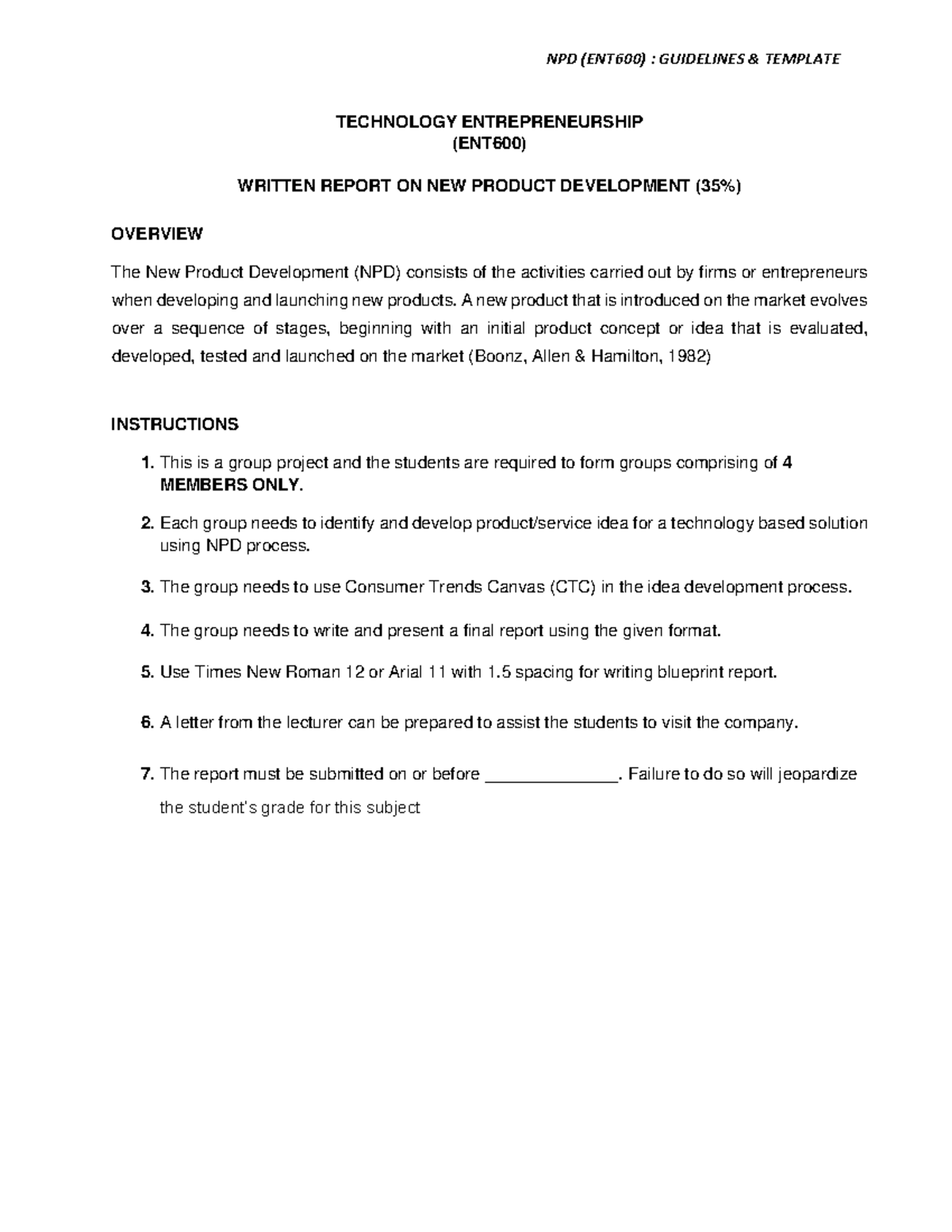 Group NPD Guidelines Template - TECHNOLOGY ENTREPRENEURSHIP (ENT600 ...