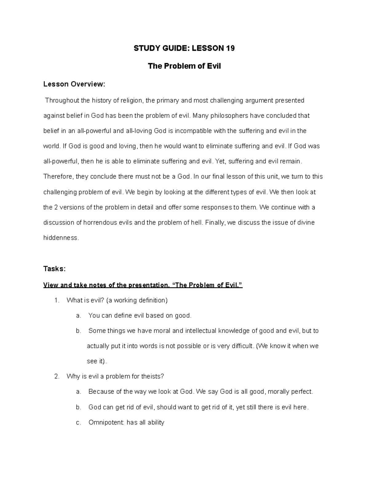 PHIL 201 Lesson 19 THE Problem WITH EVIL - STUDY GUIDE: LESSON 19 The ...