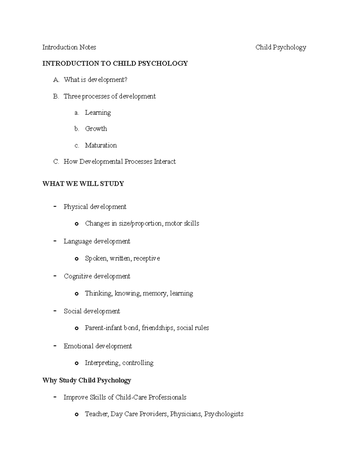 Introduction Notes Child Psychology - Introduction Notes Child ...