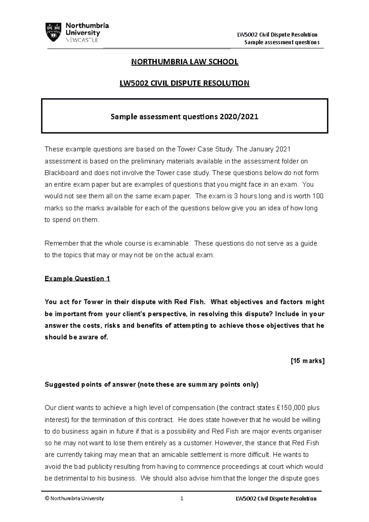 Example assessment questions - NORTHUMBRIA LAW SCHOOL LW5002 CIVIL ...