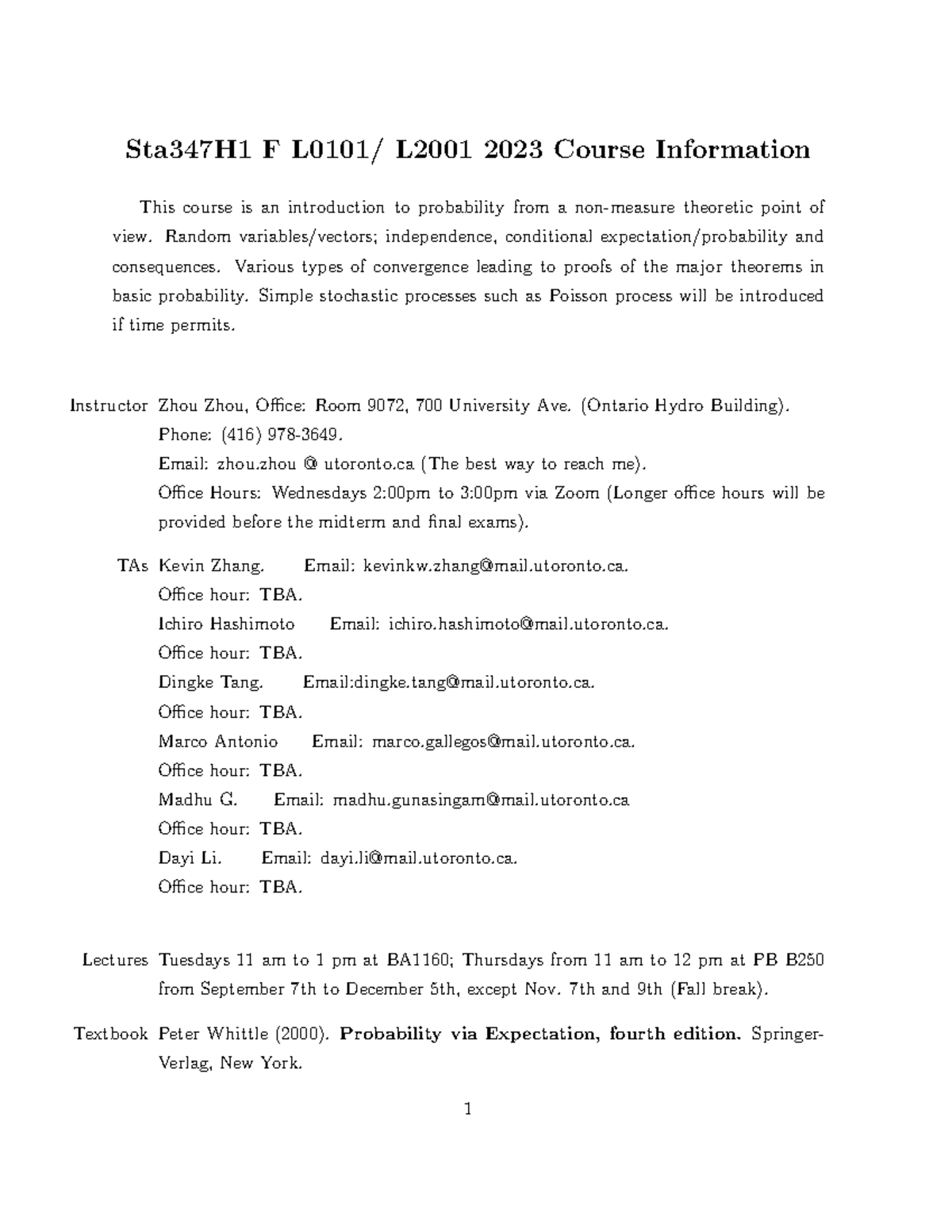 Course info L0101erere L2001 - Sta347H1 F L0101/ L2001 2023 Course ...