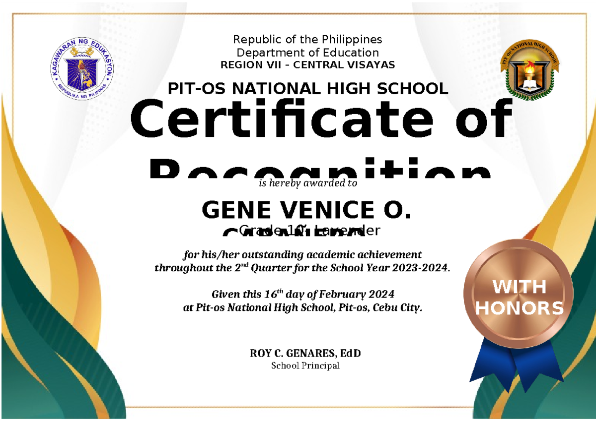 Certificate honors - Republic of the Philippines Department of ...
