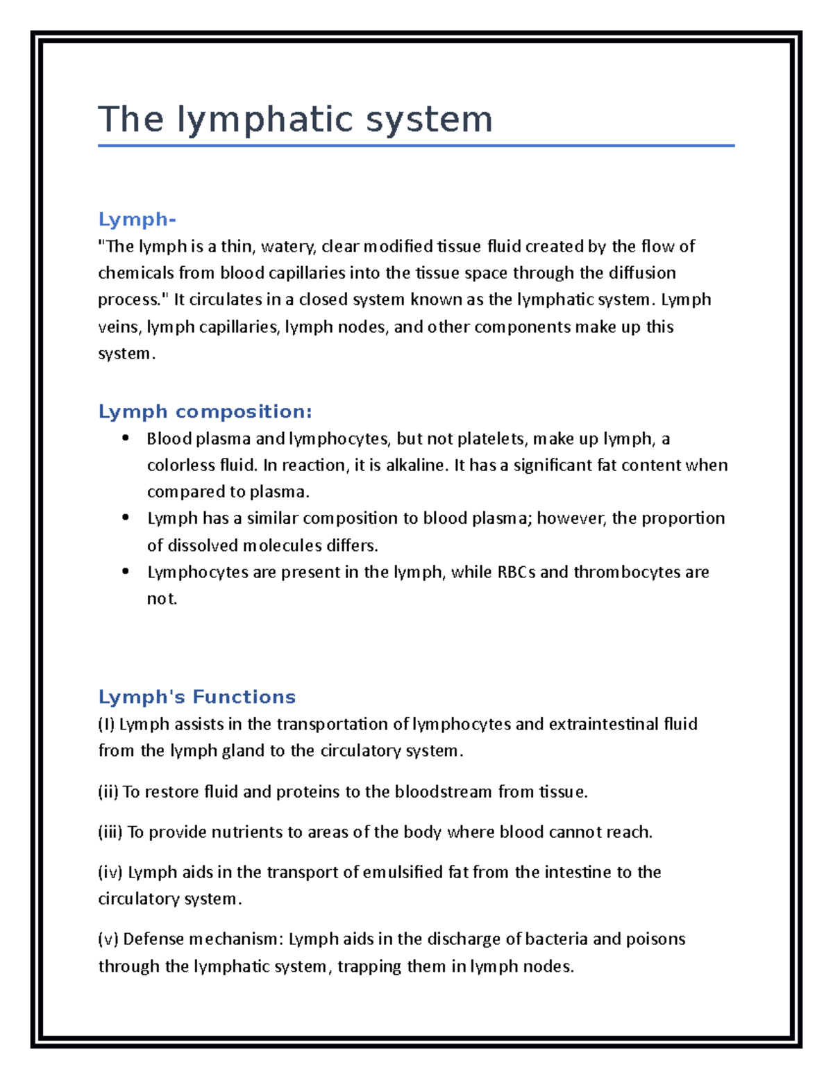 Brief NOTE ON The lymphatic system - Bachelor of Science - BHU - Studocu