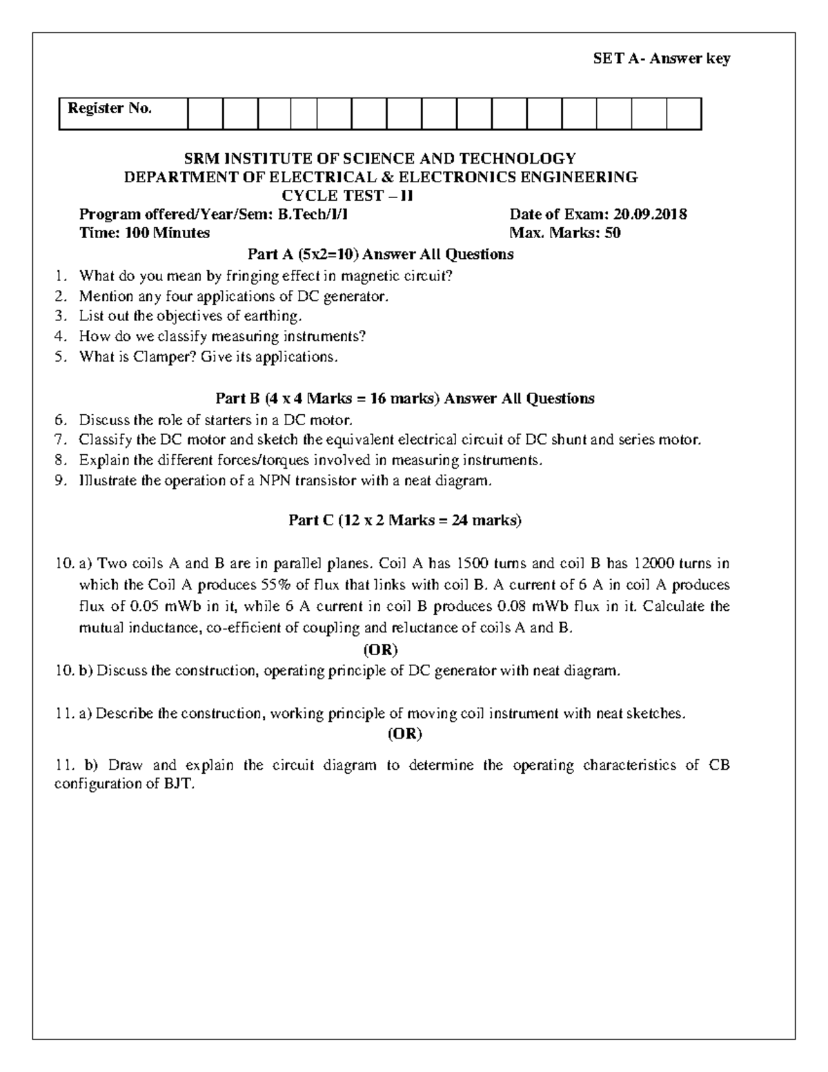 Ct2 Answer Key 1 Register No Srm Institute Of Science And Technology Department Of Electrical