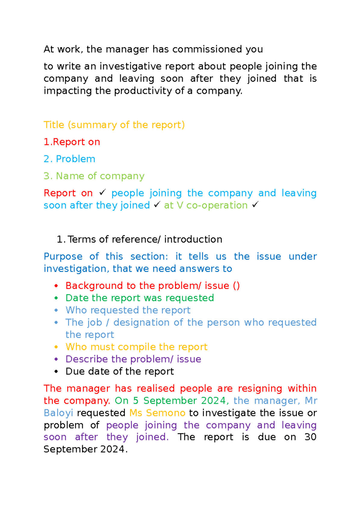 LAW Report Writting - notes - At work, the manager has commissioned you ...