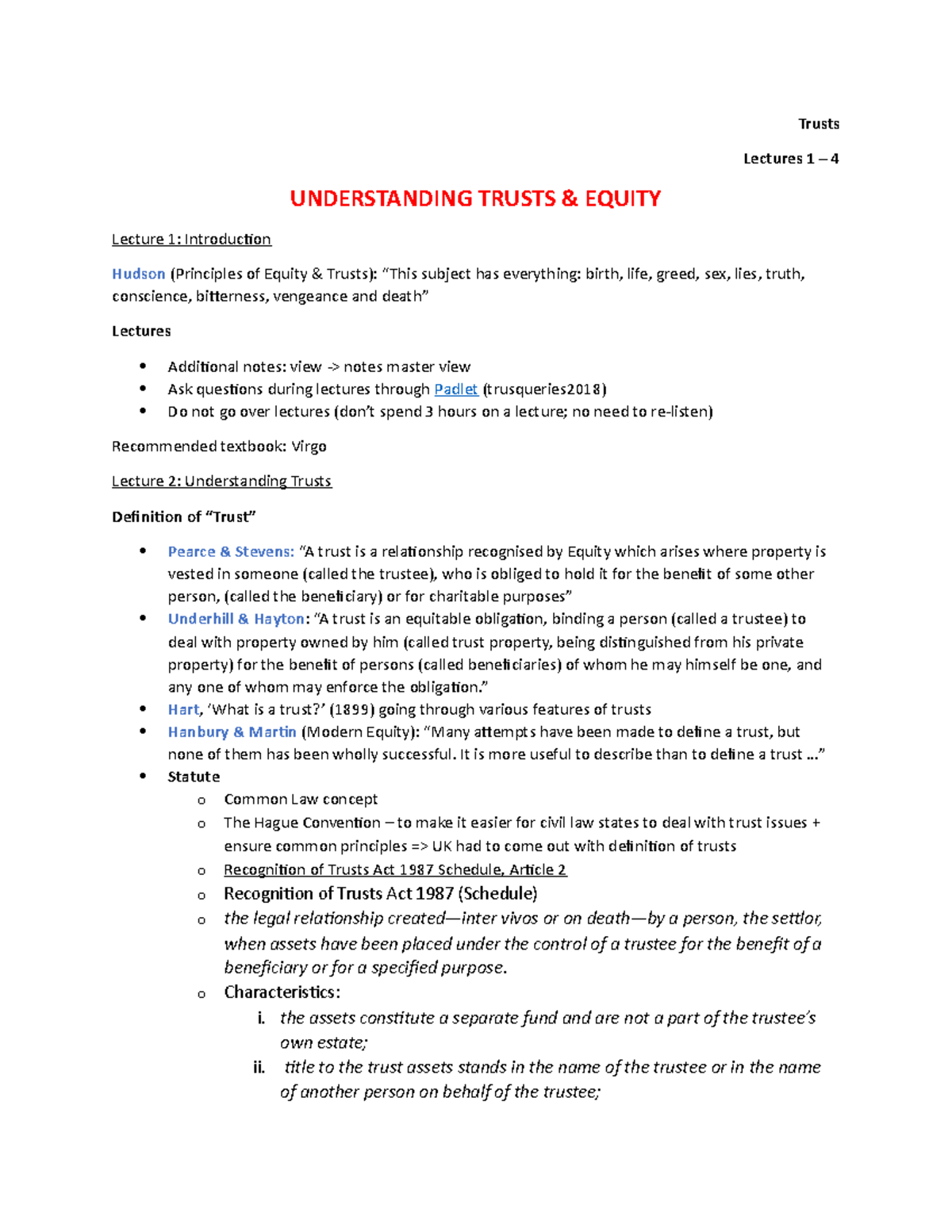 Undertanding trusts and equity - Trusts Lectures 1 – 4 UNDERSTANDING ...